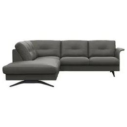 Ecksofa FLEXLUX "Glow, super bequem durch hochwertigem Sitzaufbau mit Federkern, L-Form" Sofas Gr. B/H/T: 236cm x 81cm x 224cm, Echtleder, Ottomane rechts, Armlehnen in geölter Eiche, grau (warm mineral grau) Modernes skandinavisches Design