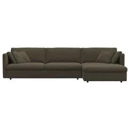 Ecksofa FLEXLUX "Lovane" Sofas Gr. B/H/T: 323cm x 84cm x 183cm, Lederoptik, Chaiselongue rechts, braun (camel brown) Weich & anschmiegsam, große Sitztiefe auf Kaltschaum, Dekokissen inkl.