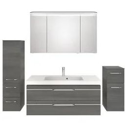 Badmöbel-Set SAPHIR "Balto Sprint 4-teilig, Mineralmarmor-Waschtisch mit LED-Spiegelschrank" Kastenmöbel-Sets Gr. B/H/T: 183 cm x 200 cm x 50,8 cm, 1 Mineralmarmor-Waschtisch weiß-1 Waschtischunterschrank mit 2 Auszügen-1 Spiegelschrank mit 3 Drehtüren-1 LED-Lichtkranz-1 Unterschrank mit 1 Drehtür, 1 Auszug-1 Midischrank mit 1 Drehtür, 2 Auszügen, grau (graphit struktur quer nachbildung) Unterschr