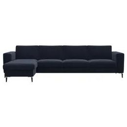 Ecksofa FLEXLUX "Fiore, L-Form" Sofas Gr. B/H/T: 295cm x 85cm x 159cm, Velvet, Chaiselongue links, blau (royal blau) breite Armlehnen, Kaltschaum, Füße Alu+schwarz