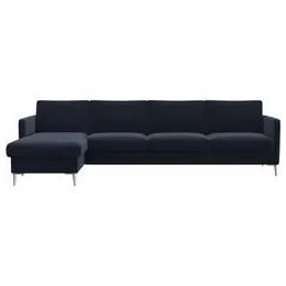 Ecksofa FLEXLUX "Fiore, super Sitzkomfort durch Kaltschaum im Sitz, L-Form" Sofas Gr. B/H/T: 280cm x 85cm x 159cm, Velvet, Chaiselongue links, blau (royal blau) schmale Armlehnen, Füße Alu