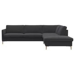 Ecksofa FLEXLUX "Fiore, super Sitzkomfort durch Kaltschaum im Sitz, L-Form" Sofas Gr. B/H/T: 266cm x 85cm x 225cm, Lederoptik, Ottomane rechts, grau (shark grau) schmale Armlehnen, Füße Alu+ Eiche