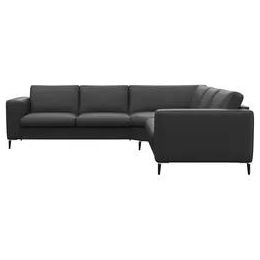 Ecksofa FLEXLUX "Fiore, gleichschenklig, super Sitzkomfort durch Kaltschaum im Sitz" Sofas Gr. B/H/T: 257cm x 85cm x 92cm, Echtleder, Schenkel links, schwarz (deep black) breite Armlehnen, Füße Alu+schwarz