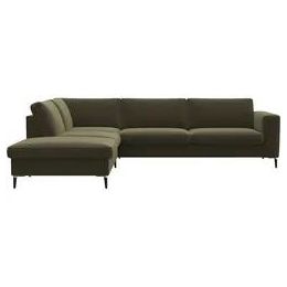 Ecksofa FLEXLUX "Fiore, L-Form, bequem und komfortabel durch hochwertigem Sitzaufbau" Sofas Gr. B/H/T: 273cm x 85cm x 225cm, Velvet, Ottomane links, grün (moss green) breite Armlehnen, Kaltschaum, Füße Alu+schwarz