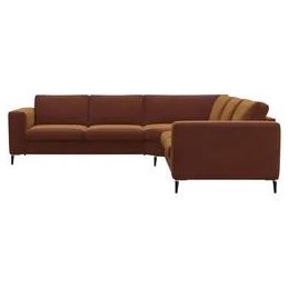 Ecksofa FLEXLUX "Fiore, gleichschenklig, super Sitzkomfort durch Kaltschaum im Sitz" Sofas Gr. B/H/T: 257cm x 85cm x 92cm, Velvet, Schenkel links, braun (cognac) breite Armlehnen, Füße Alu+schwarz