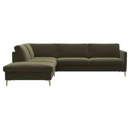 Ecksofa FLEXLUX "Fiore, L-Form" Sofas Gr. B/H/T: 266cm x 85cm x 225cm, Velvet, Ottomane links, grün (moss green) schmale Armlehnen, Kaltschaum, Füße Alu+ Eiche