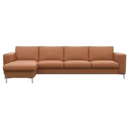 Ecksofa FLEXLUX "Fiore, super Sitzkomfort durch Kaltschaum im Sitz, L-Form" Sofas Gr. B/H/T: 295cm x 85cm x 159cm, Echtleder, Chaiselongue links, braun (modern cogna) breite Armlehnen, Füße Alu