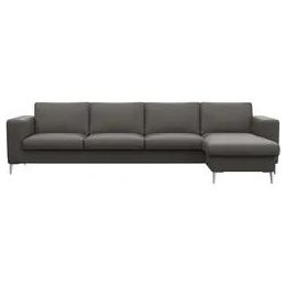 Ecksofa FLEXLUX "Fiore, super Sitzkomfort durch Kaltschaum im Sitz, L-Form" Sofas Gr. B/H/T: 295cm x 85cm x 159cm, Echtleder, Chaiselongue rechts, grau (warm mineral) breite Armlehnen, Füße Alu