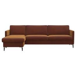 Ecksofa FLEXLUX "Fiore, L-Form" Sofas Gr. B/H/T: 247cm x 85cm x 92cm, Velvet, Chaiselongue links, braun (cognac) schmale Armlehnen, Kaltschaum, Füße Alu+schwarz