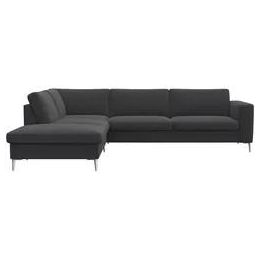 Ecksofa FLEXLUX "Fiore, super Sitzkomfort durch Kaltschaum im Sitz, L-Form" Sofas Gr. B/H/T: 273cm x 85cm x 225cm, Lederoptik, Ottomane links, grau (shark grey) breite Armlehnen, Füße Alu