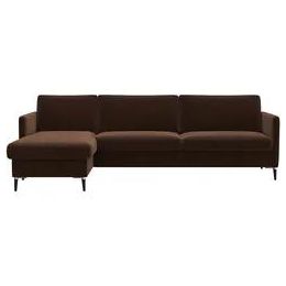 Ecksofa FLEXLUX "Fiore, L-Form" Sofas Gr. B/H/T: 247cm x 85cm x 92cm, Velvet, Chaiselongue links, braun (tobacco) schmale Armlehnen, Kaltschaum, Füße Alu+schwarz