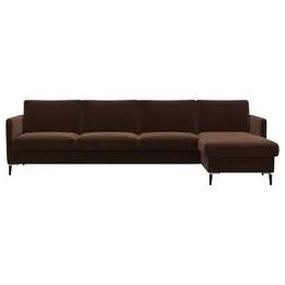 Ecksofa FLEXLUX "Fiore, L-Form, bequem und komfortabel durch hochwertigem Sitzaufbau" Sofas Gr. B/H/T: 280cm x 85cm x 159cm, Velvet, Chaiselongue rechts, braun (tobacco) schmale Armlehnen, Kaltschaum, Füße Alu+schwarz