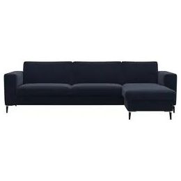 Ecksofa FLEXLUX "Fiore, superbequemer Sitzkomfort durch Kaltschaum im Sitz, L-Form" Sofas Gr. B/H/T: 262cm x 85cm x 92cm, Velvet, Chaiselongue rechts, blau (royal blau) breite Armlehnen, Füße Alu+schwarz