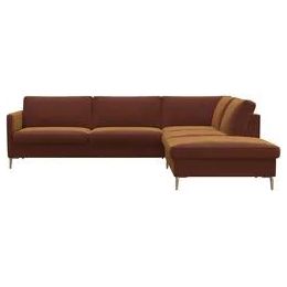 Ecksofa FLEXLUX "Fiore, super Sitzkomfort durch Kaltschaum im Sitz, L-Form" Sofas Gr. B/H/T: 266cm x 85cm x 225cm, Velvet, Ottomane rechts, braun (cognac) schmale Armlehnen, Füße Alu+ Eiche