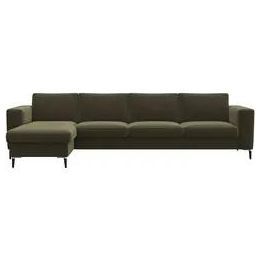 Ecksofa FLEXLUX "Fiore, L-Form" Sofas Gr. B/H/T: 295cm x 85cm x 159cm, Velvet, Chaiselongue links, grün (moss green) breite Armlehnen, Kaltschaum, Füße Alu+schwarz