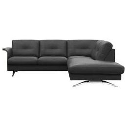 Ecksofa FLEXLUX "Glow, super bequem durch hochwertigem Sitzaufbau mit Federkern, L-Form" Sofas Gr. B/H/T: 236cm x 81cm x 224cm, Echtleder, Ottomane links, Armlehnen in geölter Eiche, schwarz (deep black) Modernes skandinavisches Design