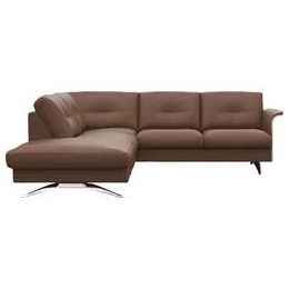 Ecksofa FLEXLUX "Glow, super bequem durch hochwertigem Sitzaufbau mit Federkern, L-Form" Sofas Gr. B/H/T: 236cm x 81cm x 224cm, Echtleder, Ottomane rechts, Armlehnen in geölter Eiche, braun (old chestnut brown) Modernes skandinavisches Design