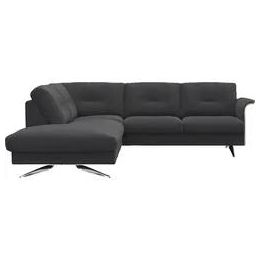 Ecksofa FLEXLUX "Glow, super bequem durch hochwertigem Sitzaufbau mit Federkern, L-Form" Sofas Gr. B/H/T: 236cm x 81cm x 224cm, Lederoptik, Ottomane rechts, Armlehnen in geölter Eiche, grau (shark grey) Modernes skandinavisches Design