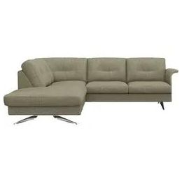 Ecksofa FLEXLUX "Glow, super bequem durch hochwertigem Sitzaufbau mit Federkern, L-Form" Sofas Gr. B/H/T: 236cm x 81cm x 224cm, Bouclé, Ottomane rechts, Armlehnen in geölter Eiche, grün (fall green) Modernes skandinavisches Design