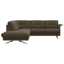 Ecksofa FLEXLUX "Glow, super bequem durch hochwertigem Sitzaufbau mit Federkern, L-Form" Sofas Gr. B/H/T: 236cm x 81cm x 224cm, Lederoptik, Ottomane rechts, Armlehnen in geölter Eiche, braun (camel brown) Modernes skandinavisches Design