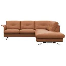 Ecksofa FLEXLUX "Glow, super bequem durch hochwertigem Sitzaufbau mit Federkern, L-Form" Sofas Gr. B/H/T: 236cm x 81cm x 224cm, Echtleder, Ottomane links, Armlehnen in geölter Eiche, braun (modern cognac brown) Modernes skandinavisches Design