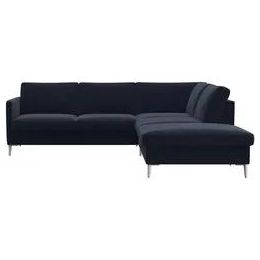 Ecksofa FLEXLUX "Fiore, L-Form" Sofas Gr. B/H/T: 234cm x 85cm x 225cm, Velvet, Ottomane rechts, blau (royal blau) schmale Armlehnen, Füße alufarben, BT 234225 cm, Kaltschaum im Sitz