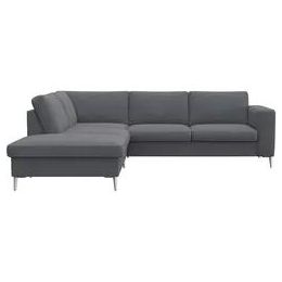 Ecksofa FLEXLUX "Fiore, L-Form" Sofas Gr. B/H/T: 241cm x 85cm x 225cm, Lederoptik, Ottomane links, grau (elephant gre) breite Armlehnen, Füße alufarben, BT 241225 cm, Kaltschaum im Sitz