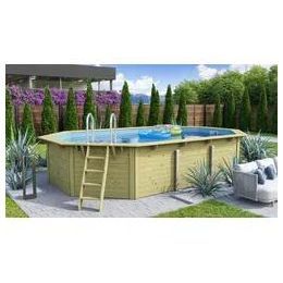 Achteckpool Karibu "MADRID V4" Schwimmbecken Gr. Ø/B/H/L: 632,5cm x Breite 611cm x Höhe 124cm x Länge 400cm, 19150 l, beige (natur) BxLxH: 611x400x124 cm