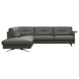 Ecksofa FLEXLUX "Glow, super bequem durch hochwertigem Sitzaufbau mit Federkern, L-Form" Sofas Gr. B/H/T: 268cm x 81cm x 224cm, Echtleder, Ottomane rechts, Armlehnen in Walnuss, grau (warm mineral grey) Skandinavisches Design, In hochwertiger Verarbeitung