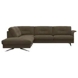 Ecksofa FLEXLUX "Glow, super bequem durch hochwertigem Sitzaufbau mit Federkern, L-Form" Sofas Gr. B/H/T: 268cm x 81cm x 224cm, Lederoptik, Ottomane rechts, Armlehnen in Walnuss, braun (camel brown) Skandinavisches Design, In hochwertiger Verarbeitung