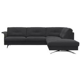 Ecksofa FLEXLUX "Glow, super bequem durch hochwertigem Sitzaufbau mit Federkern, L-Form" Sofas Gr. B/H/T: 268cm x 81cm x 224cm, Lederoptik, Ottomane links, Armlehnen in Walnuss, schwarz (gorilla black) Skandinavisches Design, In hochwertiger Verarbeitung