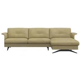 Ecksofa FLEXLUX "Glow, super bequem durch hochwertigem Sitzaufbau mit Federkern, L-Form" Sofas Gr. B/H/T: 273cm x 81cm x 158cm, Bouclé, Chaiselongue rechts, Armlehne Furnier: Walnuss, gelb (mustard yellow) Modernes skandinavisches Design