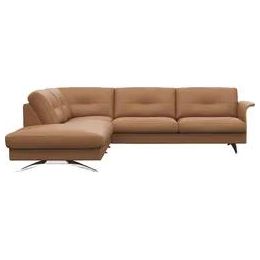 Ecksofa FLEXLUX "Glow, super bequem durch hochwertigem Sitzaufbau mit Federkern, L-Form" Sofas Gr. B/H/T: 268cm x 81cm x 224cm, Echtleder, Ottomane rechts, Armlehnen in Walnuss, braun (modern cognac brown) Skandinavisches Design, In hochwertiger Verarbeitung