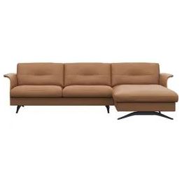 Ecksofa FLEXLUX "Glow, super bequem durch hochwertigem Sitzaufbau mit Federkern, L-Form" Sofas Gr. B/H/T: 273cm x 81cm x 158cm, Echtleder, Chaiselongue rechts, Armlehne Furnier: Walnuss, braun (modern cognac brown) Modernes skandinavisches Design