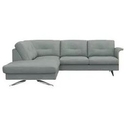 Ecksofa FLEXLUX "Glow, super bequem durch hochwertigem Sitzaufbau mit Federkern, L-Form" Sofas Gr. B/H/T: 236cm x 81cm x 224cm, Bouclé, Ottomane rechts, Armlehnen in Walnuss, blau (sky blue) Modernes skandinavisches Design