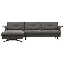 Ecksofa FLEXLUX "Glow, super bequem durch hochwertigem Sitzaufbau mit Federkern, L-Form" Sofas Gr. B/H/T: 273cm x 81cm x 158cm, Echtleder, Chaiselongue links, Armlehne Furnier: Walnuss, grau (warm mineral grau) Modernes skandinavisches Design