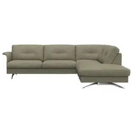 Ecksofa FLEXLUX "Glow, super bequem durch hochwertigem Sitzaufbau mit Federkern, L-Form" Sofas Gr. B/H/T: 268cm x 81cm x 224cm, Bouclé, Ottomane links, Armlehnen in Walnuss, grün (fall green) Skandinavisches Design, In hochwertiger Verarbeitung