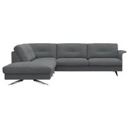 Ecksofa FLEXLUX "Glow, super bequem durch hochwertigem Sitzaufbau mit Federkern, L-Form" Sofas Gr. B/H/T: 268cm x 81cm x 224cm, Lederoptik, Ottomane rechts, Armlehnen in Walnuss, grau (elephant grey) Skandinavisches Design, In hochwertiger Verarbeitung