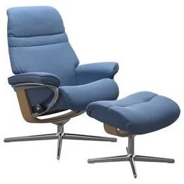 Relaxsessel stressless "Sunrise" Sessel Gr. Material Bezug, Material Gestell, Ausführung / Funktion, Maße, blau (lazuli blau) mit Cross Base, Größe S, M & L, Holzakzent Eiche