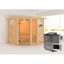 Karibu Sauna "Kühlungsborn" mit Kranz SET naturbelassen mit Ofen 9 kW Bio ext. Strg.