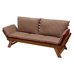 Loungesofa Garten Madrid - 165 (202) x 69 x 77 cm - Farbe: Natur (Holz) / Rot/Beige (Polster)