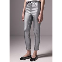 Röhrenhose STREET ONE STUDIO Gr. 36, Länge 28, nova silber, Damen, Stoff, 74% Viskose, 23% Polyamid, 3% Elasthan, glänzend, Hosen, mit Glitzer-Effekt