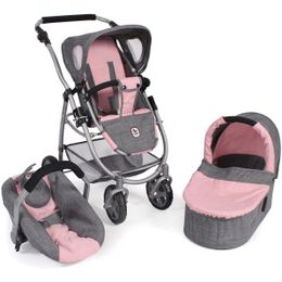 Bayer Chic 2000 CHIC2000 Kinder Kombi-Puppenwagen "Emotion All In 3in1, Grau-Rosa", bunt, Kunststoff, Metall, Stoff, B:67cm H:77cm T:67cm, Puppenwagen, inkl.