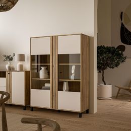Highboard FORTE, B:121,4cm H:161cm T:42cm, beige, Dekorfolie, Glas, MDF, Metall, Spanplatte, Wohnzimmer, Sideboards, "Killarney", Highboardvitrine,
