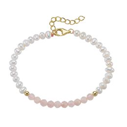 Smart Jewel Damen Armband "mit Süßwasser-Perlen und Rosenquarz-Kugeln, Silber 925", 19cm, Silber 925 (Sterlingsilber), rosa, Silber 925