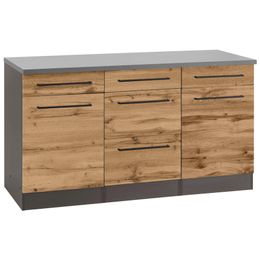 Unterschrank KOCHSTATION, B:150cm H:85cm T:60cm, braun, Küche, Schränke, "KS-Tulsa", 150 cm breit, 2 Türen, 3 Schubkästen, 2 große Auszüge für