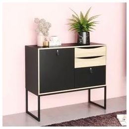 Sideboard Andas "Stubbe" Sideboards Gr. B/H/T: 98,7cm x 86,6cm x 40,0cm, 3 St., schwarz Kommode Breite 98,7 cm, 1 Tür und 3 Schubkästen, Ledergriffe