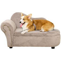 PawHut Hundesofa, Haustiersofa mit Stauraum, Hundebett in Samtoptik, Beige