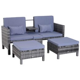 Outsunny 3-tlg. Sitzgruppe Rattanmöbel 2er-Sofa inkl. 2 Hocker & Kissen grau