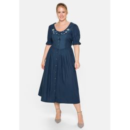 Dirndl sheego "Große Größen" Gr. 40, Normalgrößen, blau Damen Kleider in Leinen-Optik, mit Blütenstickerei